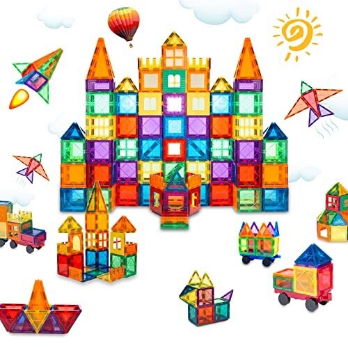 MagHub 65 Piece Set Kids Magnet Toy Magnetic Tiles Shape, Clear 3D Magnetic Building Blocks Set ...