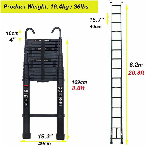 6.2M/20.3FT Telescopic Ladder with Hook Aluminum Ladder Heavy Duty ...