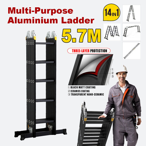 5.7M Aluminium Multi-Purpose Folding Ladder Extendable Ladders 14 IN 1 ...