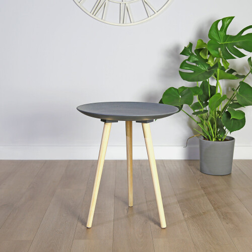Charles Bentley Round Concrete Effect Side Table in Grey with 3 Pine Wooden Legs Scandi Style ...
