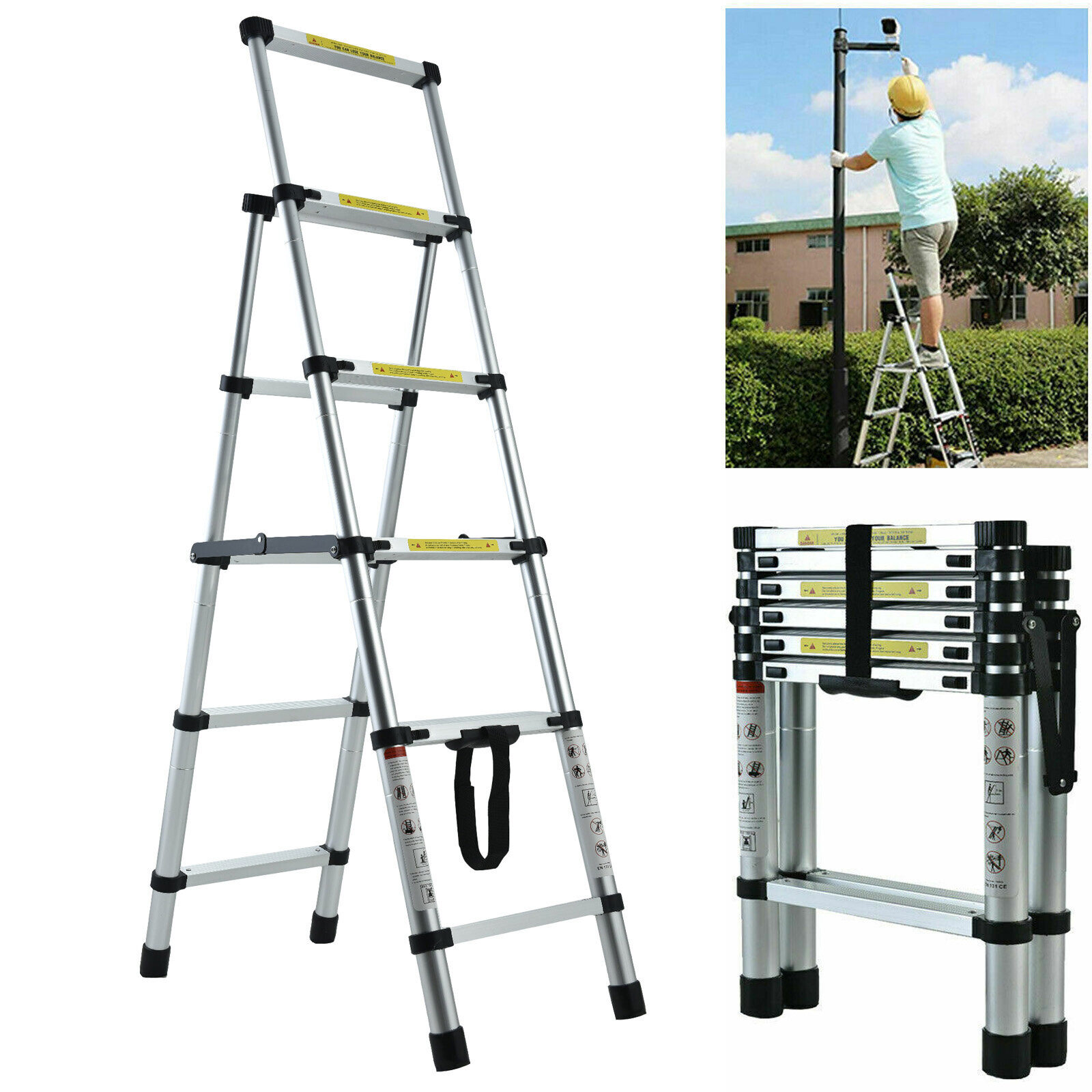 5 Telescopic Step Ladder Aluminium Heavy Duty 150KG/330lb Capacity ...