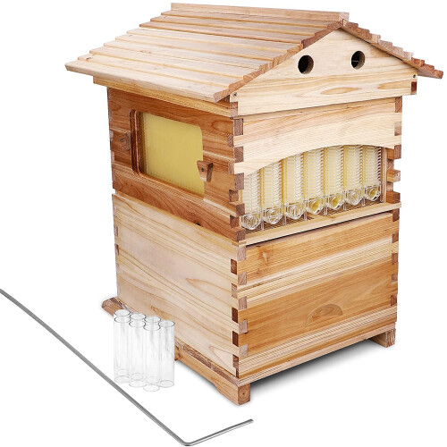 Auto Flow Beehive Boxes Bee House Wooden Bee Hive w/ 7 Pcs Automatic ...