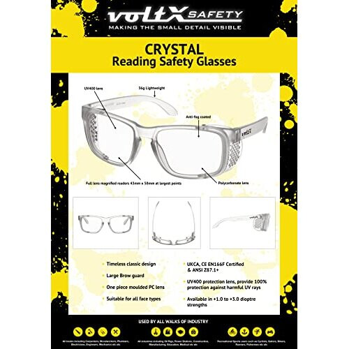 voltX 'CRYSTAL' Full Lens Magnified Reading Safety Glasses UKCA & CE ...
