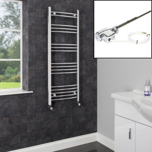 Dual Fuel Heated Towel Rail Chrome Designer Curved Thermostat Electric ...