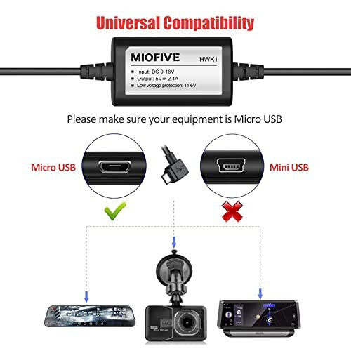Dash Cam Hardwire Kit, Miofive 11.5ft Micro USB Hard Wire Kit for Dashcam Converts 12V-24V to 5V ...