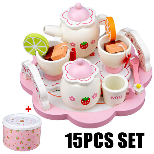 Wooden Tea Set Children's Tea Party Plates Mugs Cup Kids Play Toy ...