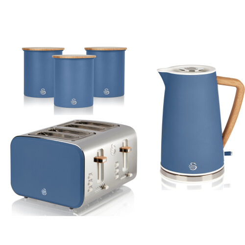 Swan Nordic Blue Kettle 4 Slice Toaster & Canisters Scandinavian Style ...