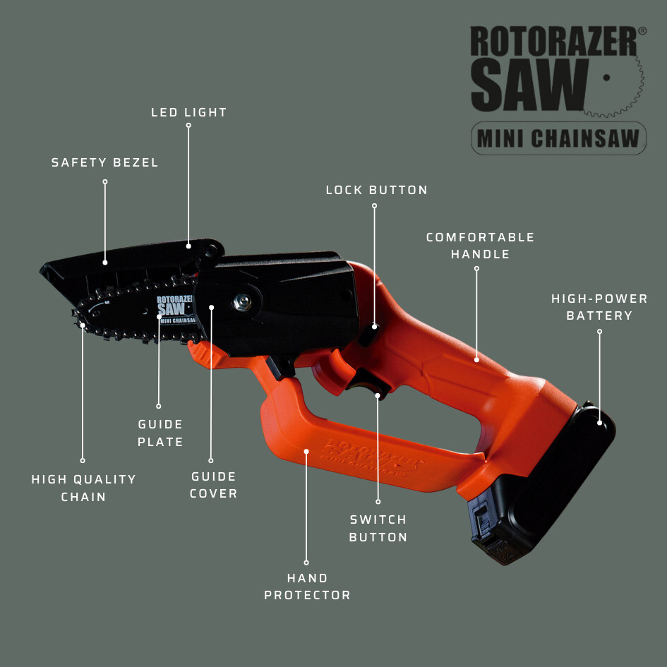 Portable and Lightweight Chainsaw Rotorazer Mini Chainsaw, Hand protection, Cordless and ...