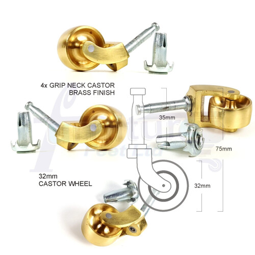 4X Brass Castor & Socket Push In Castors 32Mm Brass Grip Neck Castors ...