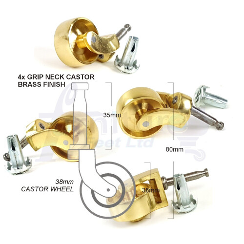 4X Brass Castor & Socket Push In Castors 38Mm Brass Grip Neck Castors ...