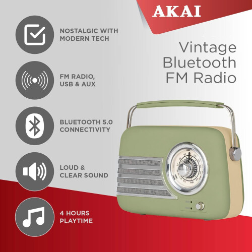 Akai A60048SGE Vintage Bluetooth FM Radio, Portable, 3ins Speaker, 5W ...