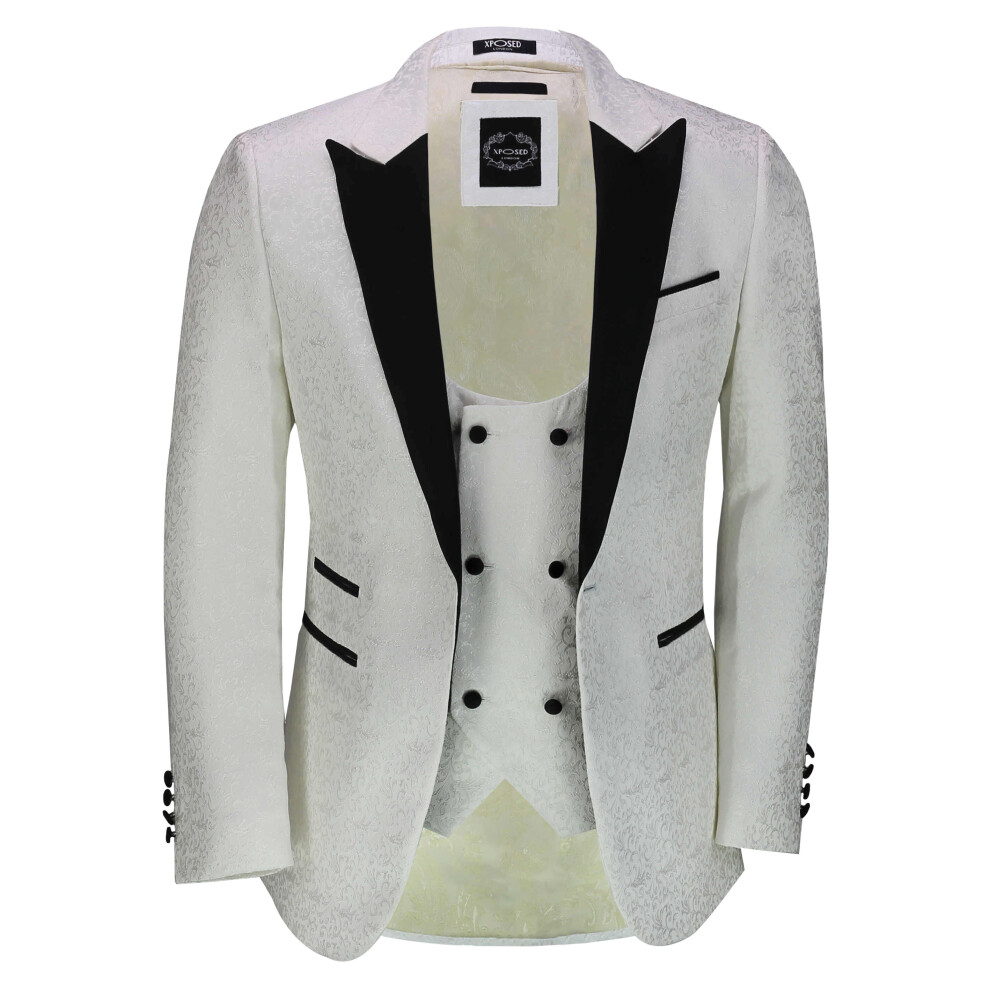 (40, White) BRIAN - Floral Jacquard Print Tuxedo Jacket With Waistcoat ...