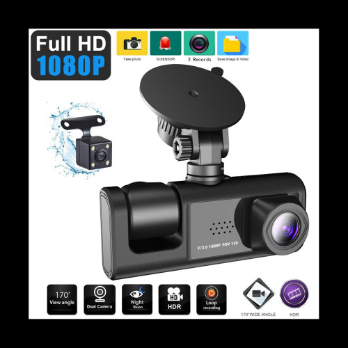 3 Camera Lens Car DVR 3-Channel Dash Cam HD 1080P Front and Rear Inside ...