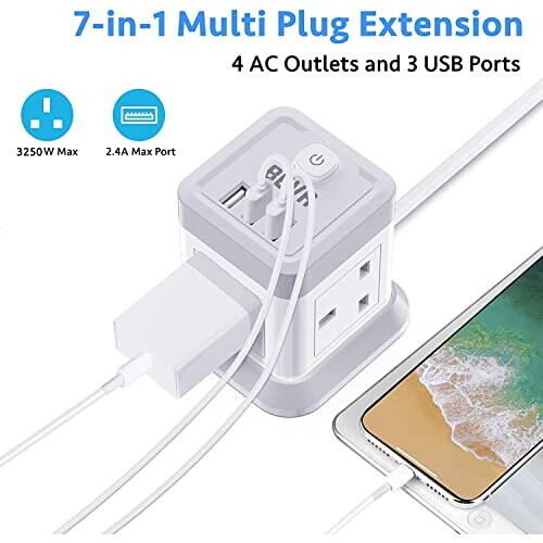 3M Extension Lead Cube With USB, BEVA 4 Gang Extension Socket With 3 ...