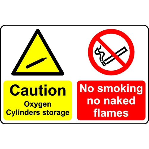 Caution oxygen cylinder storage no smoking or naked flames safety sign ...