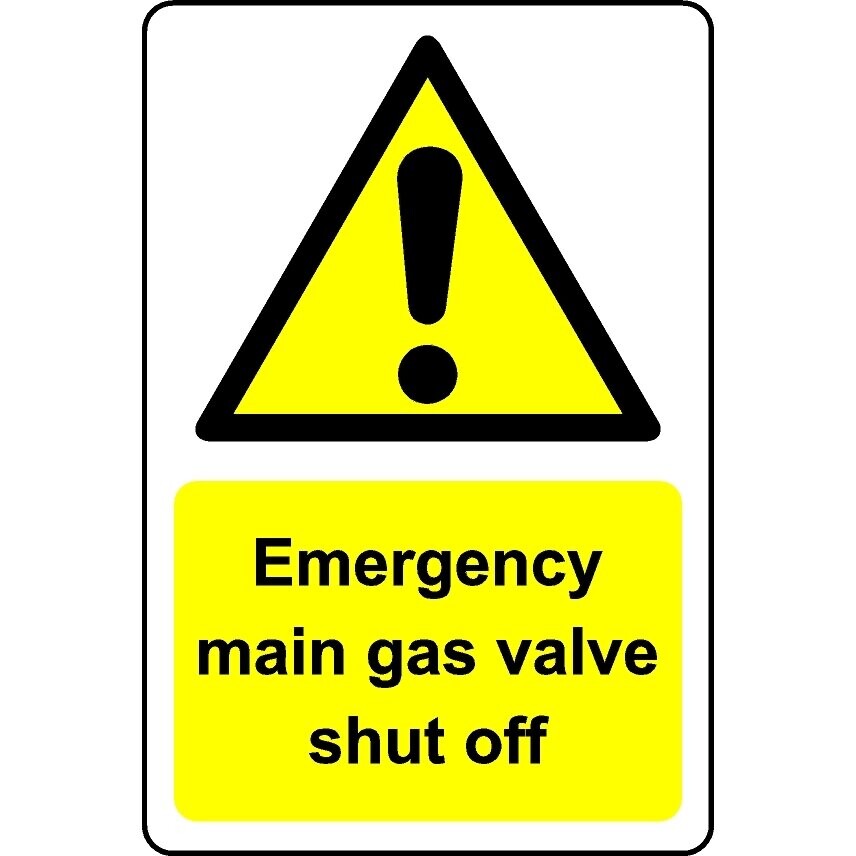 Emergency main gas valve shut off safety sign - 1mm Plastic sign ...