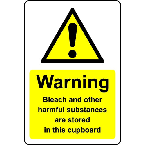 Warning bleach and harmful substances stored in cupboard safety sign ...