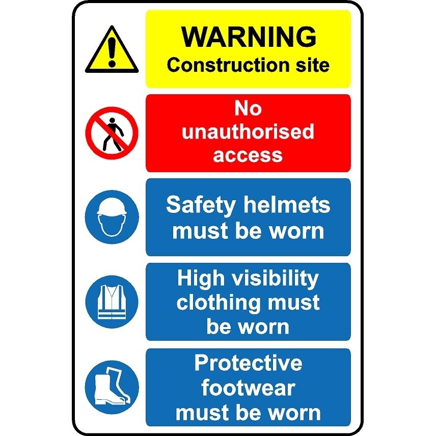 Warning construction site no unauthorised access safety sign - 3mm ...