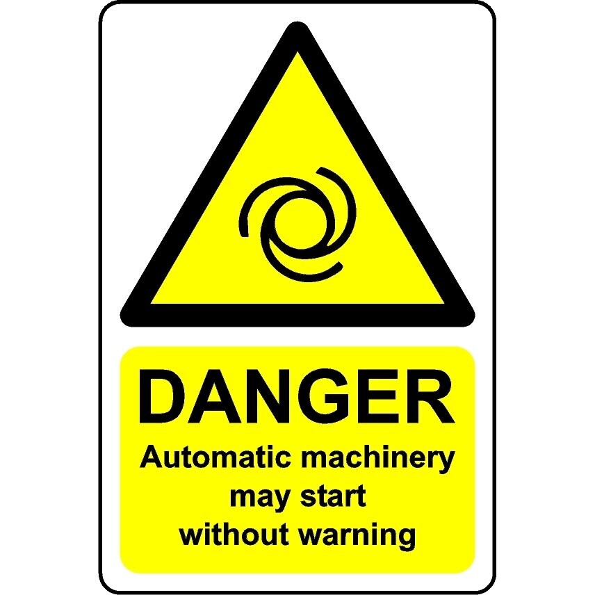 Danger automatic machinery may start without warning safety sign - 1mm Plastic sign - 100mm x ...