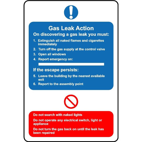 Gas leak action instruction safety sign - 3mm Aluminium sign - 400mm x ...