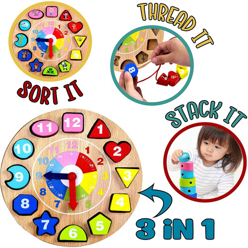 Teaching Clock | Montessori Shape Sorter | Tell The Time Clock | Wooden ...
