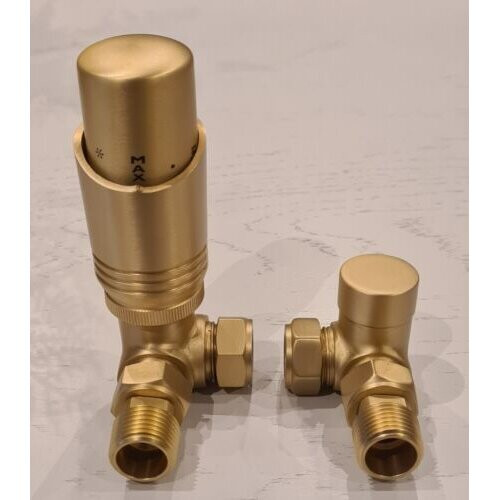 Brushed Brass Corner Thermostatic Radiator Valves & Lockshield 15mm ...