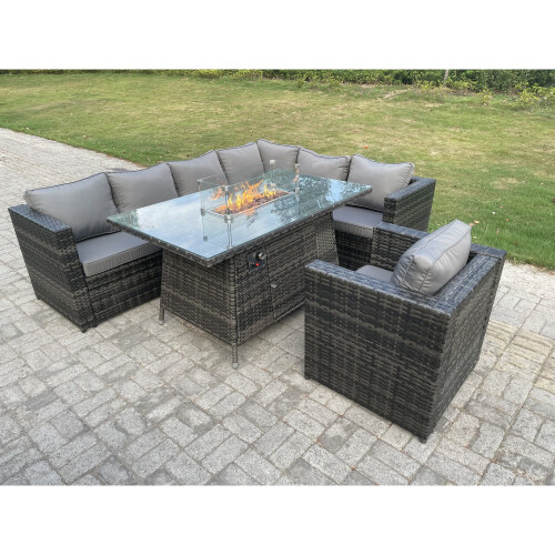 Fimous Outdoor Rattan Garden Corner Furniture Gas Fire Pit Dining Table ...