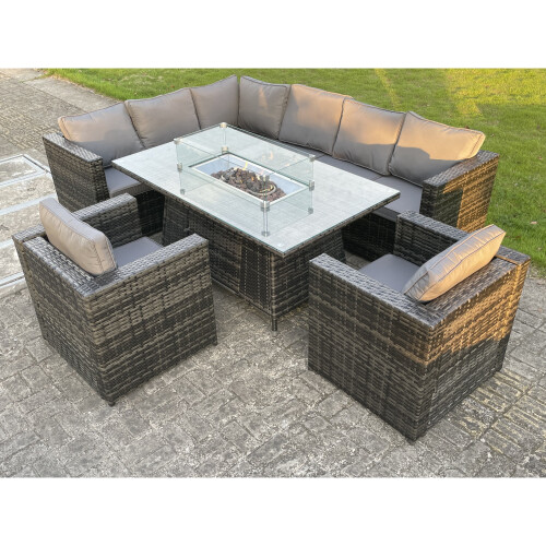 Fimous Outdoor Rattan Garden Set Corner Furniture Gas Fire Pit Table ...