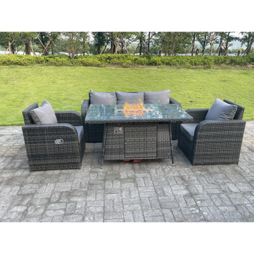 Fimous Rattan Outdoor Garden Furniture Gas Fire Pit Table Set 5 Seater ...