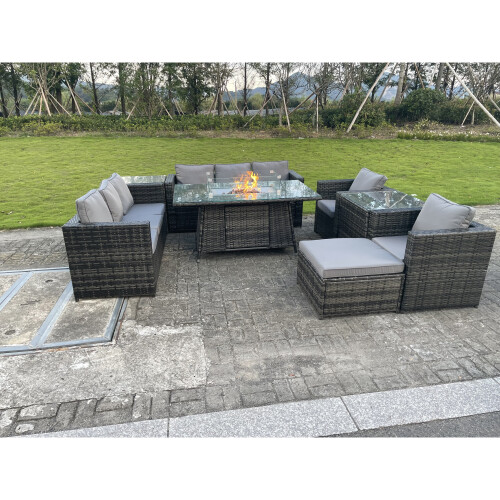Fimous Outdoor Rattan Garden Furniture Gas Fire Pit Dining Table Sets ...