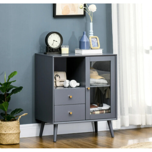 Wooden Side Cabinet Small Display Unit Modern Glass Door Cupboard Retro ...