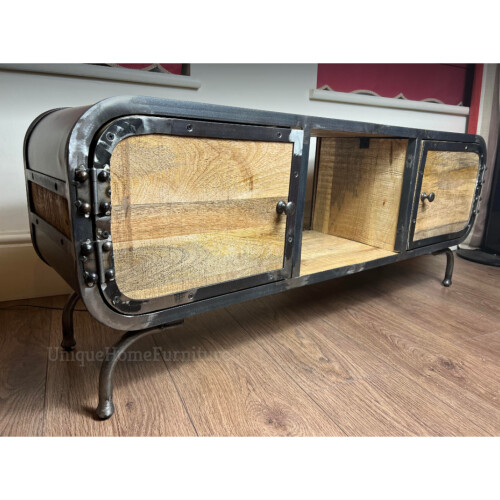 Industrial TV Stand Cast Iron Media Cabinet Unit Rustic Solid Wood ...