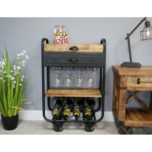 Industrial Drinks Trolley Rustic Metal Mini Bar Wine Cabinet Glass ...