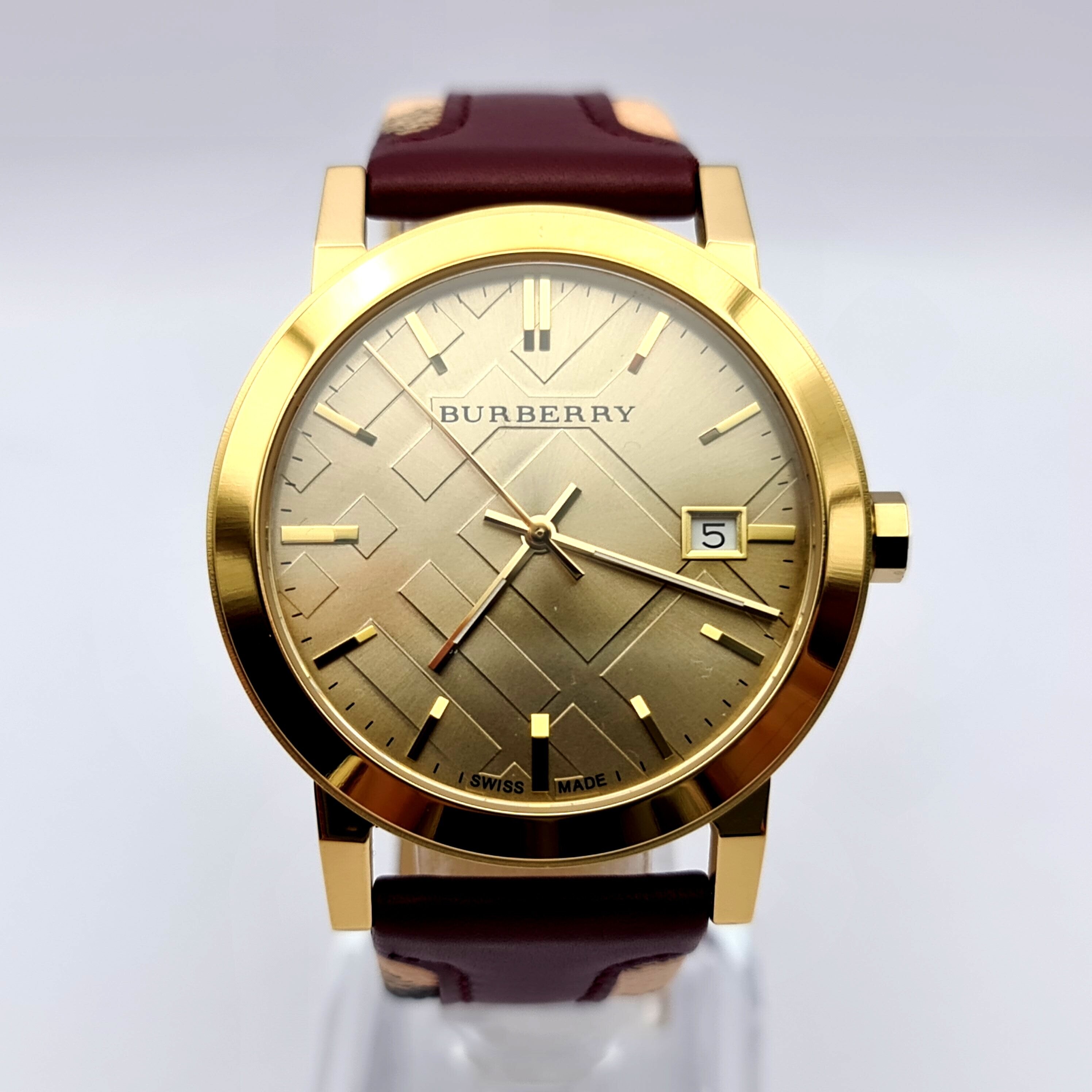 NEW GENUINE BURBERRY THE CITY BU9017 LEATHER RED STRAP GOLD DIAL WATCH ...