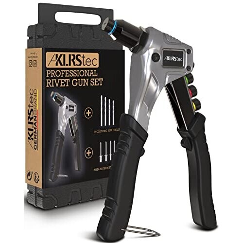 KLRStec Professional Rivet Gun Kit incl 120 Pop Rivets and 4 HSS Drills ...