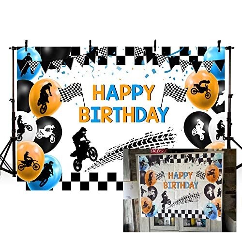 7x5ft Boy Birthday Backdrop for Motocross Drag Racing Black and White ...