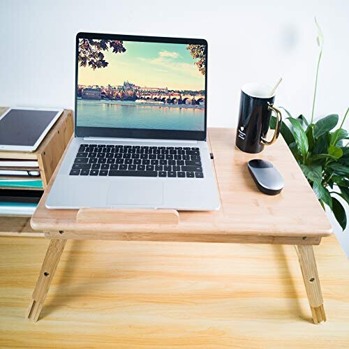 Bamboo Laptop Tray Lap Desk Table with Height Adjustable Foldable Legs ...