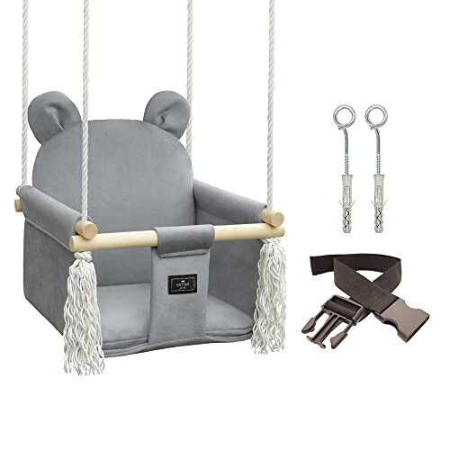 NATILU Baby Swing Set with Safety Belt Hook Rings Bear Grey Velvet Indoor Swing Chair Hanging Chair Swing Chair Toddler Swing Seat Baby Swings for
