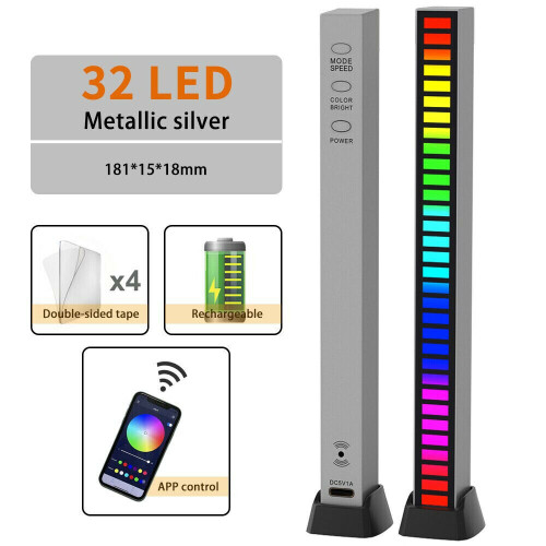 (Silver, Rechargeable With APP) RGB Rhythm Recognition Light Sound ...