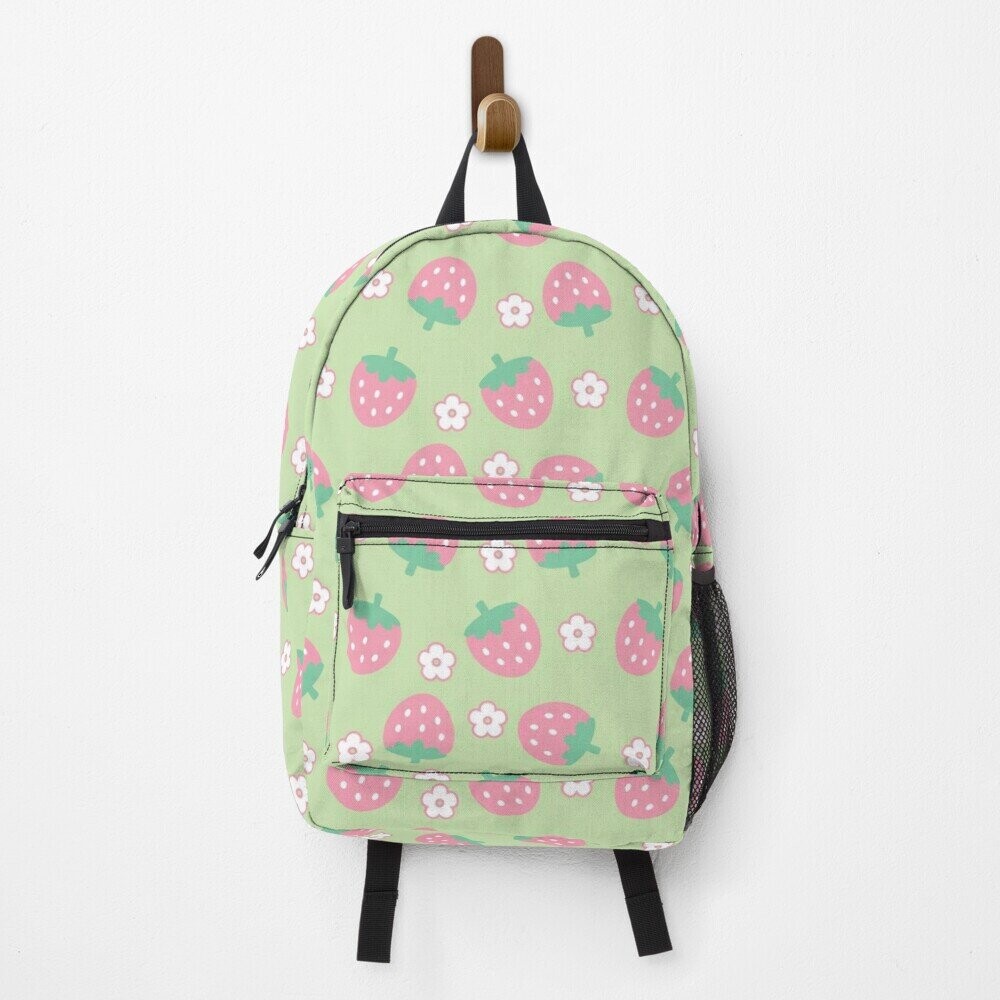 Backpack Strawberries Flowers Pink Green Kawaii Cute Pastel Aesthetic ...