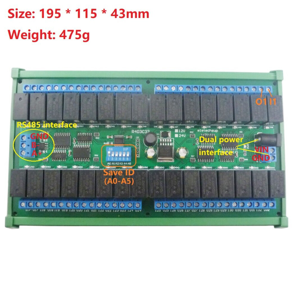 DC 12V 24V 32 Channels Modbus RTU RS485 Bus Relay Module UART Serial port DIN35 Rail Board for ...