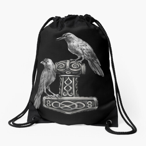Drawstring Bag Thor Hammer Mjölnir with Odin Ravens Hugin and Munin ...
