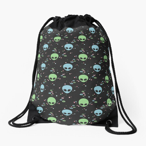 Drawstring Bag Green and Blue Alien Heads with UFOs Sport Gym Shoe ...