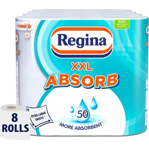 Regina XXL Absorb Kitchen Roll - 8 Rolls | 600 Extra Large Sheets |2 Layers for Increased ...