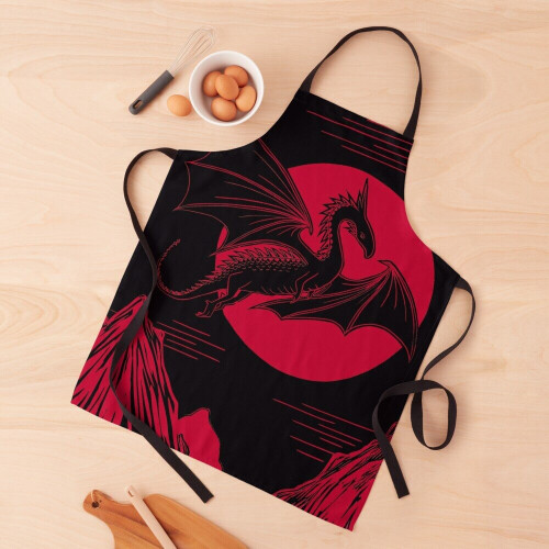 Dragon and Moon, Red and Black Linocut Grill Aprons for Kitchen BBQ ...