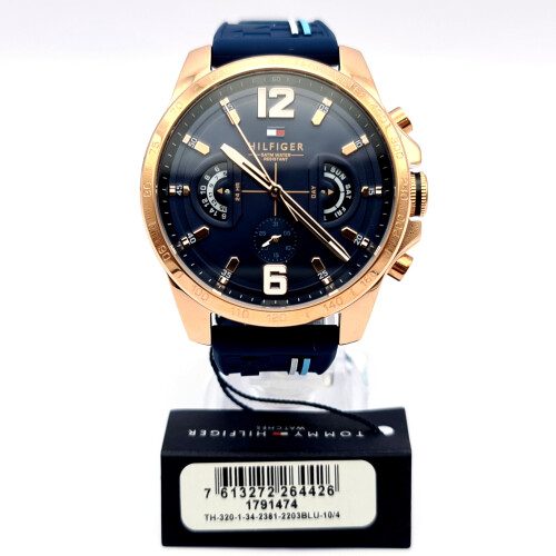 NEW TOMMY HILFIGER 1791474 DECKER ROSE GOLD SILICONE BLUE STRAP WATCH ...