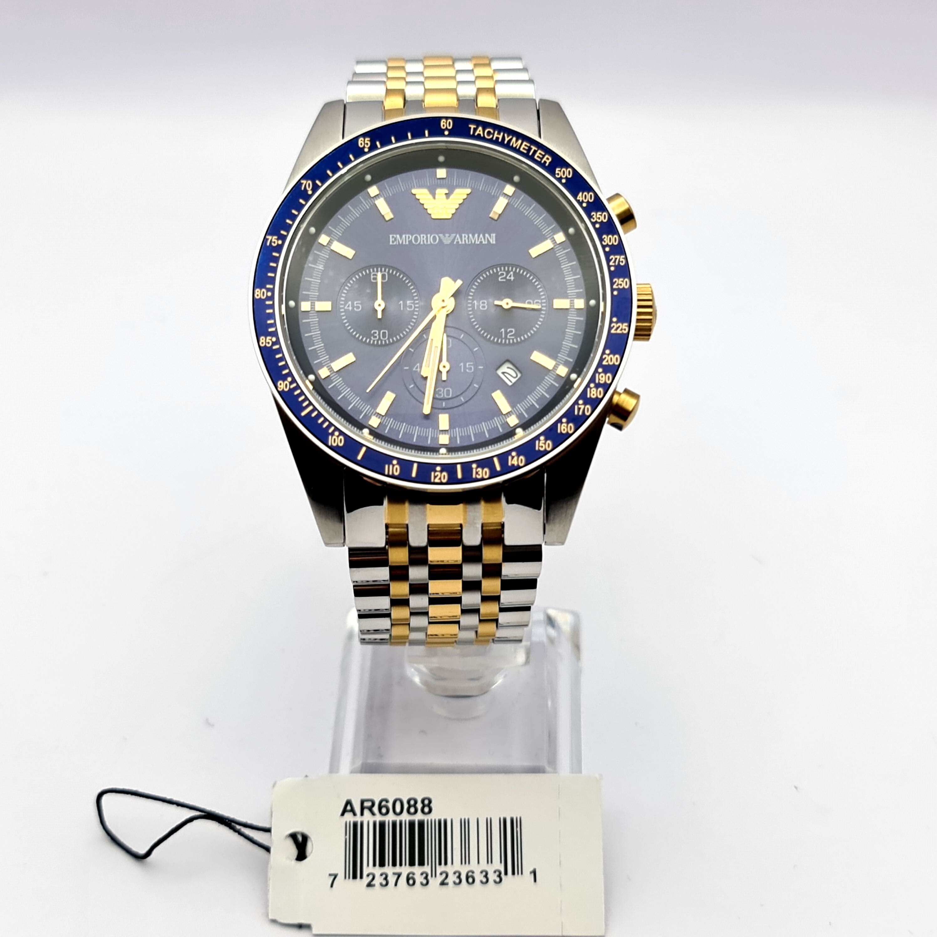 NEW EMPORIO ARMANI AR6088 TAZIO STAINLESS STEEL BLUE DIAL MENS WATCH on ...