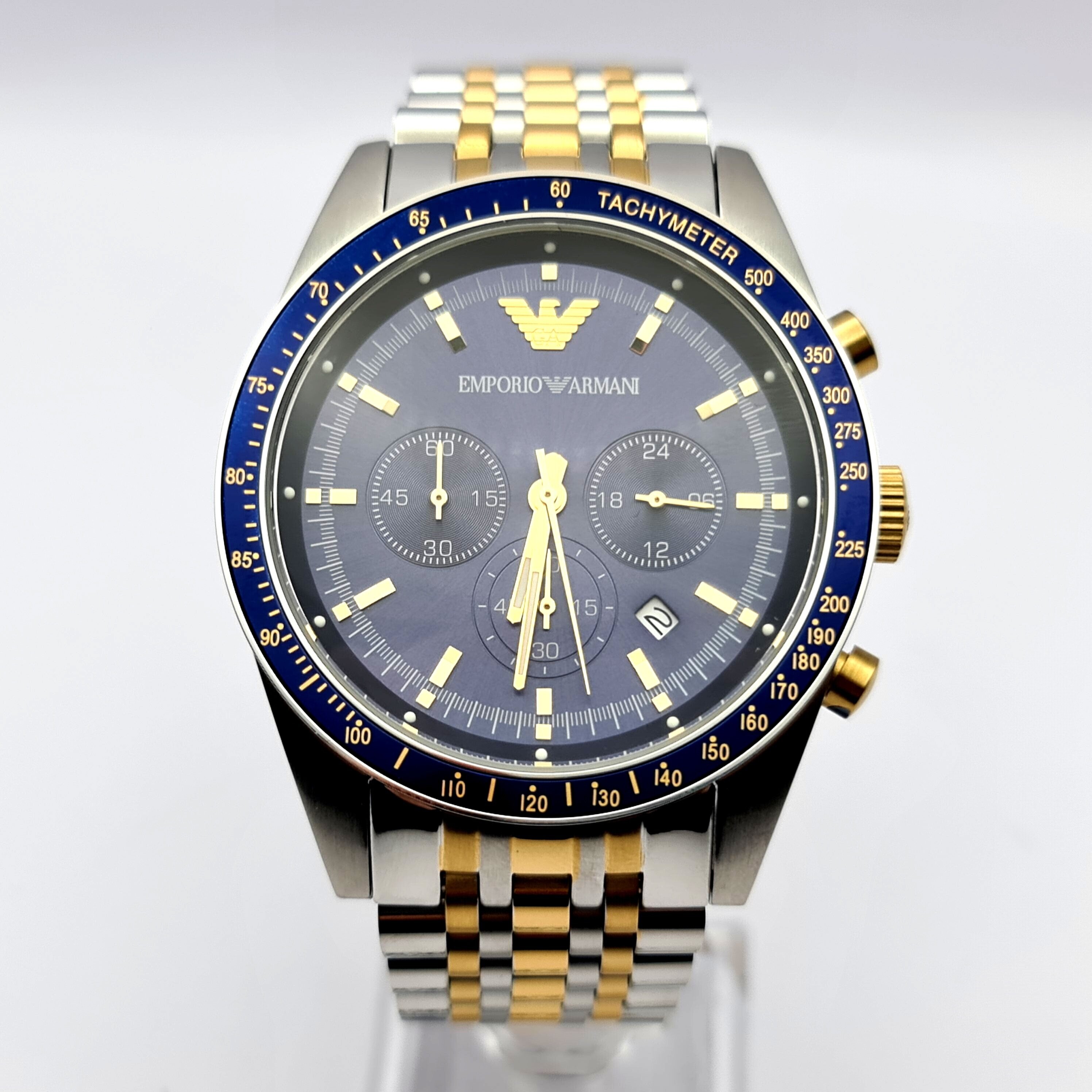 NEW EMPORIO ARMANI AR6088 TAZIO STAINLESS STEEL BLUE DIAL MENS WATCH on ...