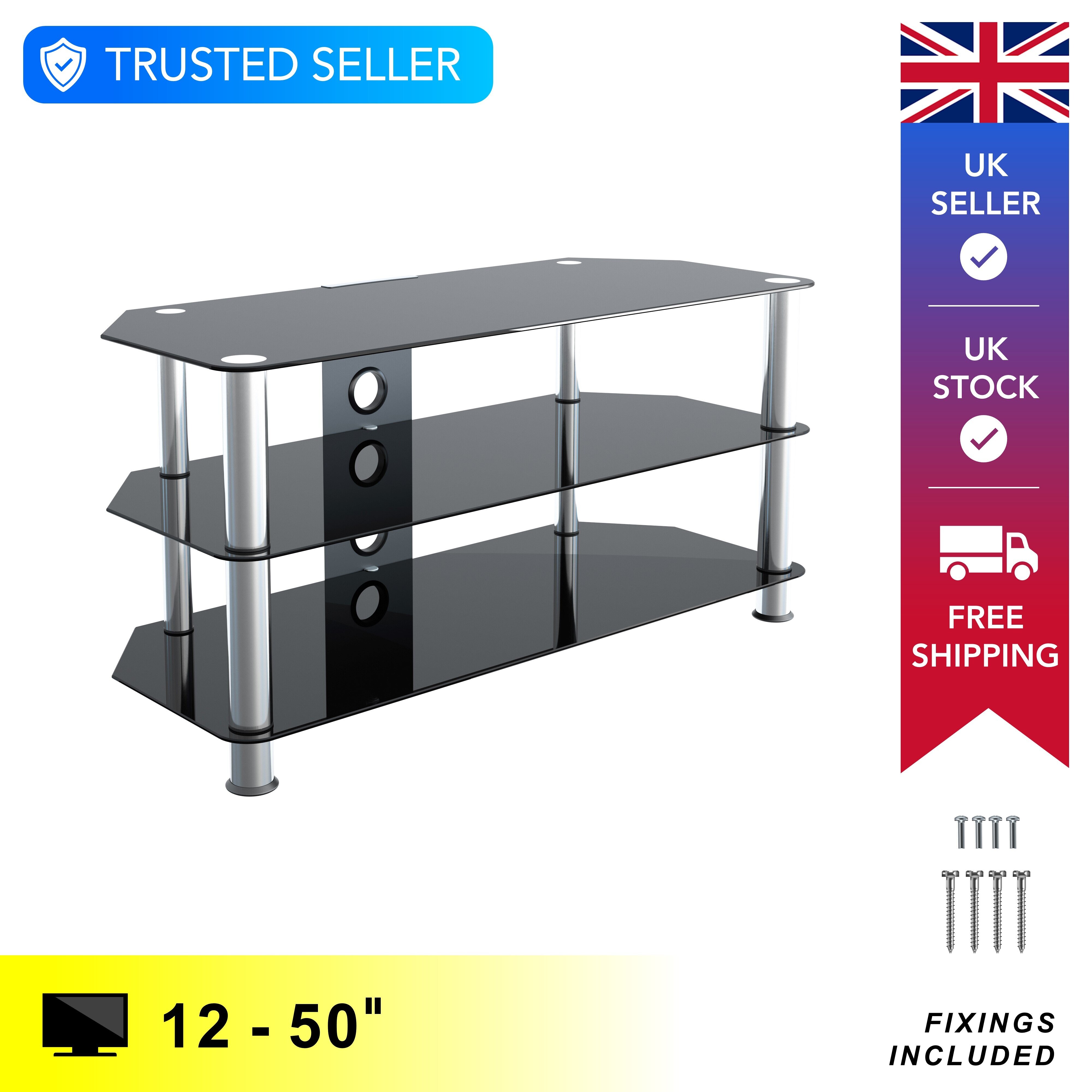 Mahara Glass TV Stand 100cm, Chrome Legs, Black Glass, Cable Management ...
