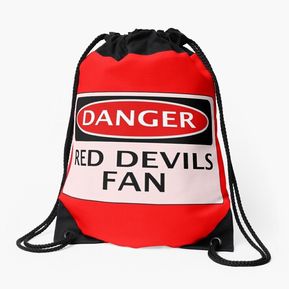 Drawstring Bag DANGER MANCHESTER UNITED, RED DEVILS FAN, FOOTBALL FUNNY FAKE SAFETY SIGN Sport ...